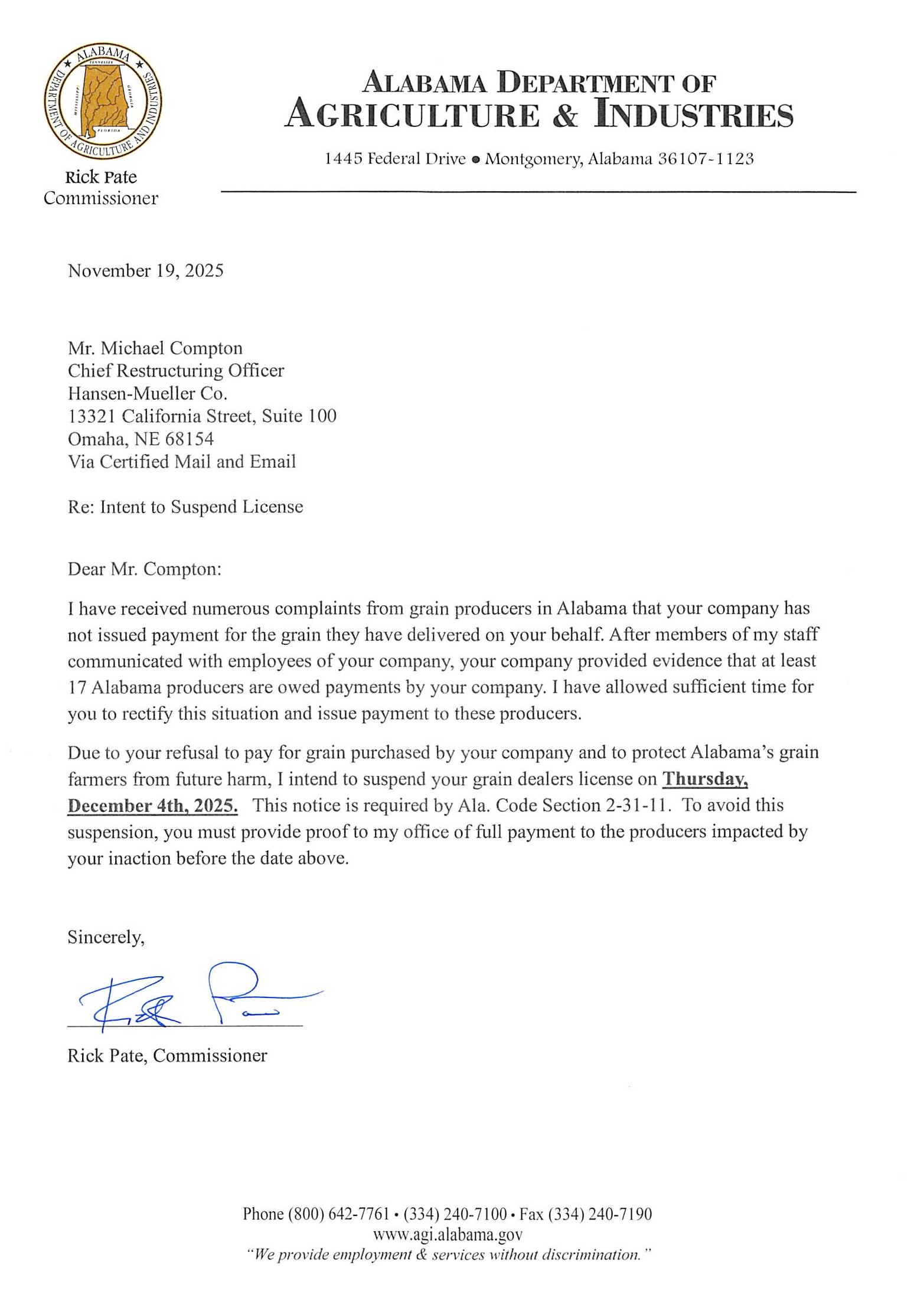 ADAI Issues Notice of Intent to Suspend Hansen-Mueller Co. Grain Dealer ...